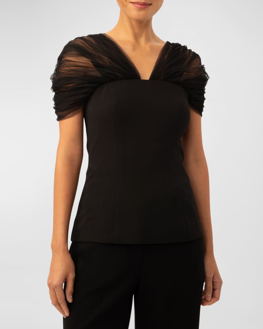 Trina Turk Yuma Smocked Tulle-Sleeve Blouse | Neiman Marcus