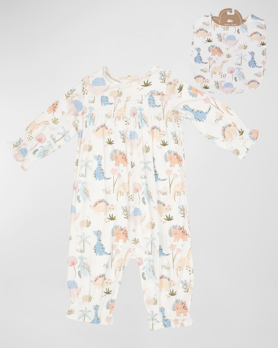 Angel Dear Girl's Soft Dinos-Print Smocked Romper, Size Newborn-24M ...