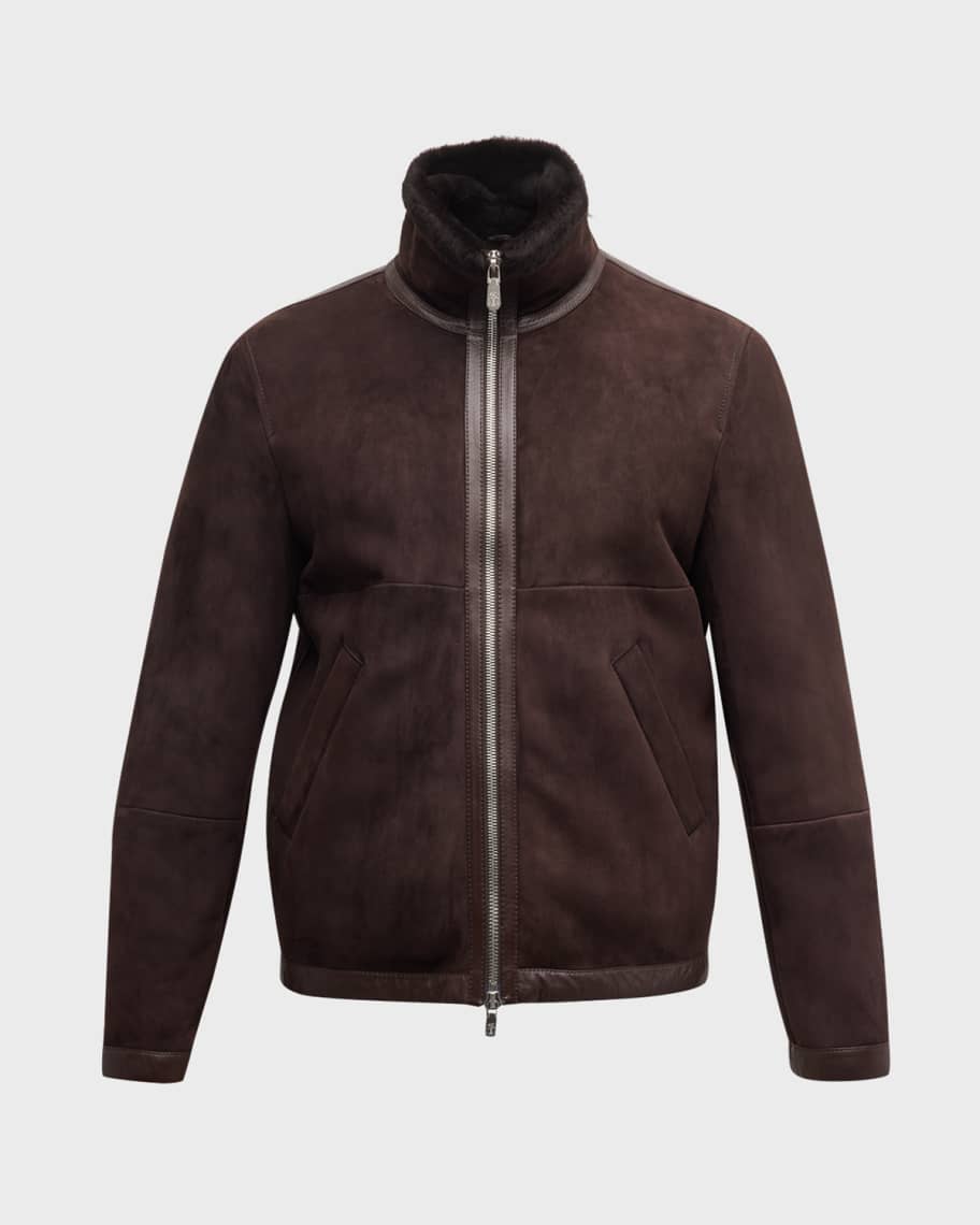 Brunello Cucinelli Men's Suede Flight Jacket with Shearling Lining ...