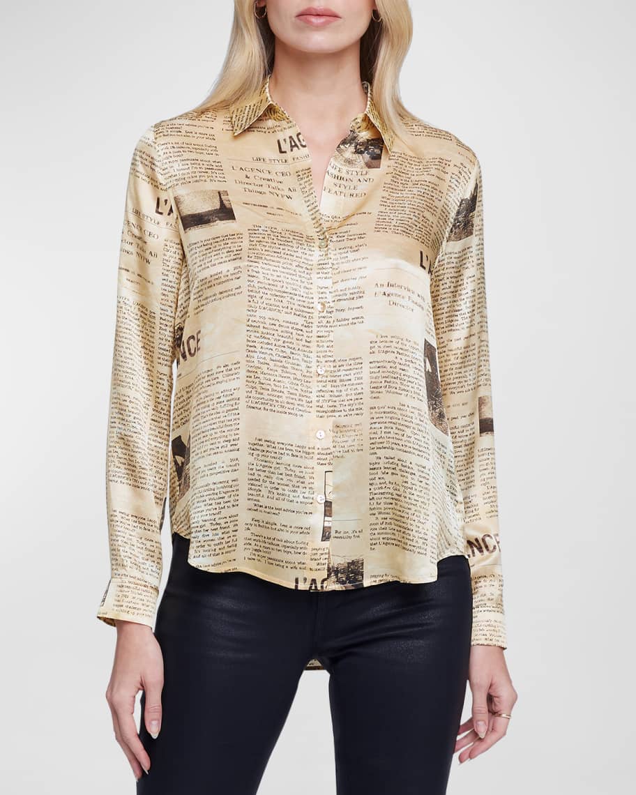 L'Agence Tyler Newspaper-Print Button-Front Blouse | Neiman Marcus