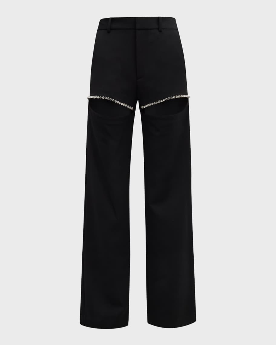 AREA Mid-Rise Crystal Slit Straight-Leg Trousers | Neiman Marcus