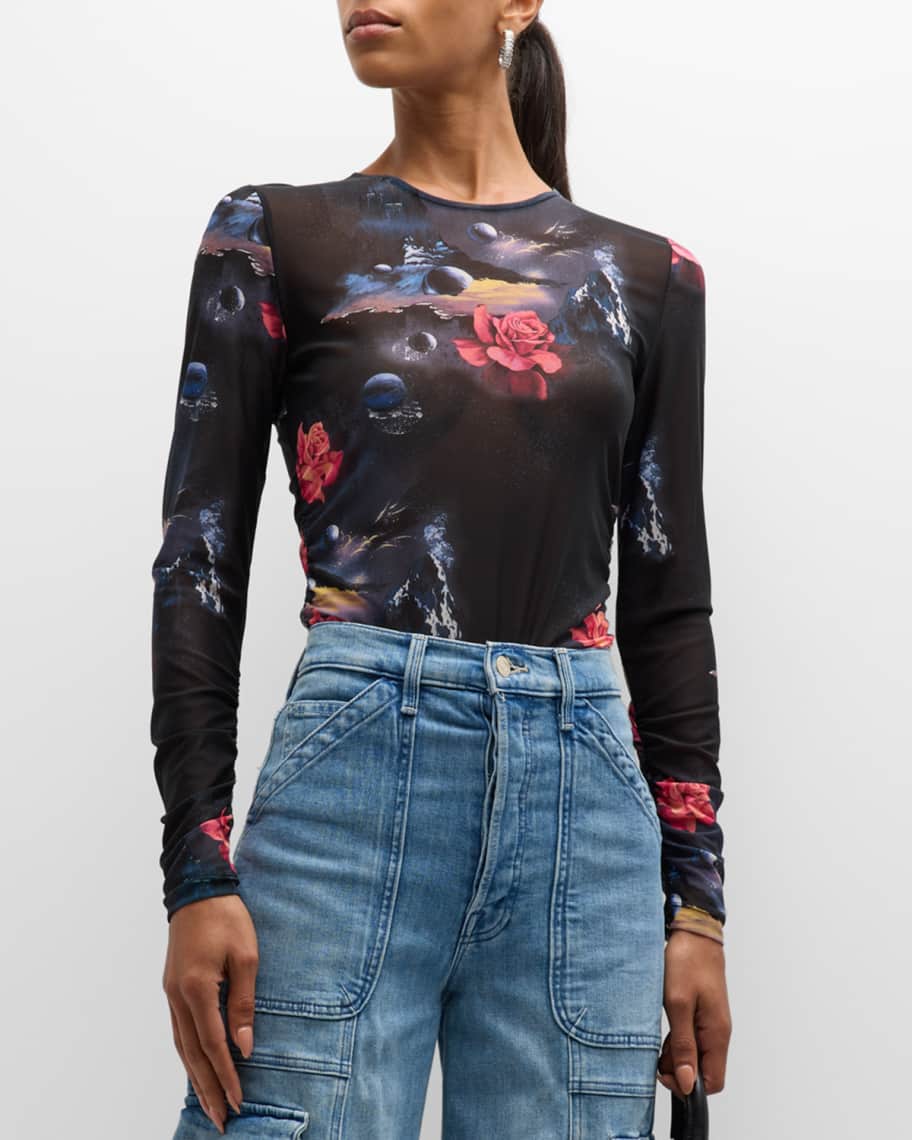 Ganni Long-Sleeve Printed Mesh Blouse | Neiman Marcus