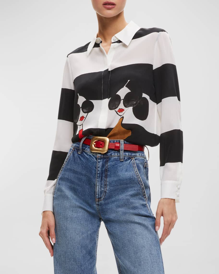 Alice + Olivia Willa Striped Stace Face Placket Top | Neiman Marcus