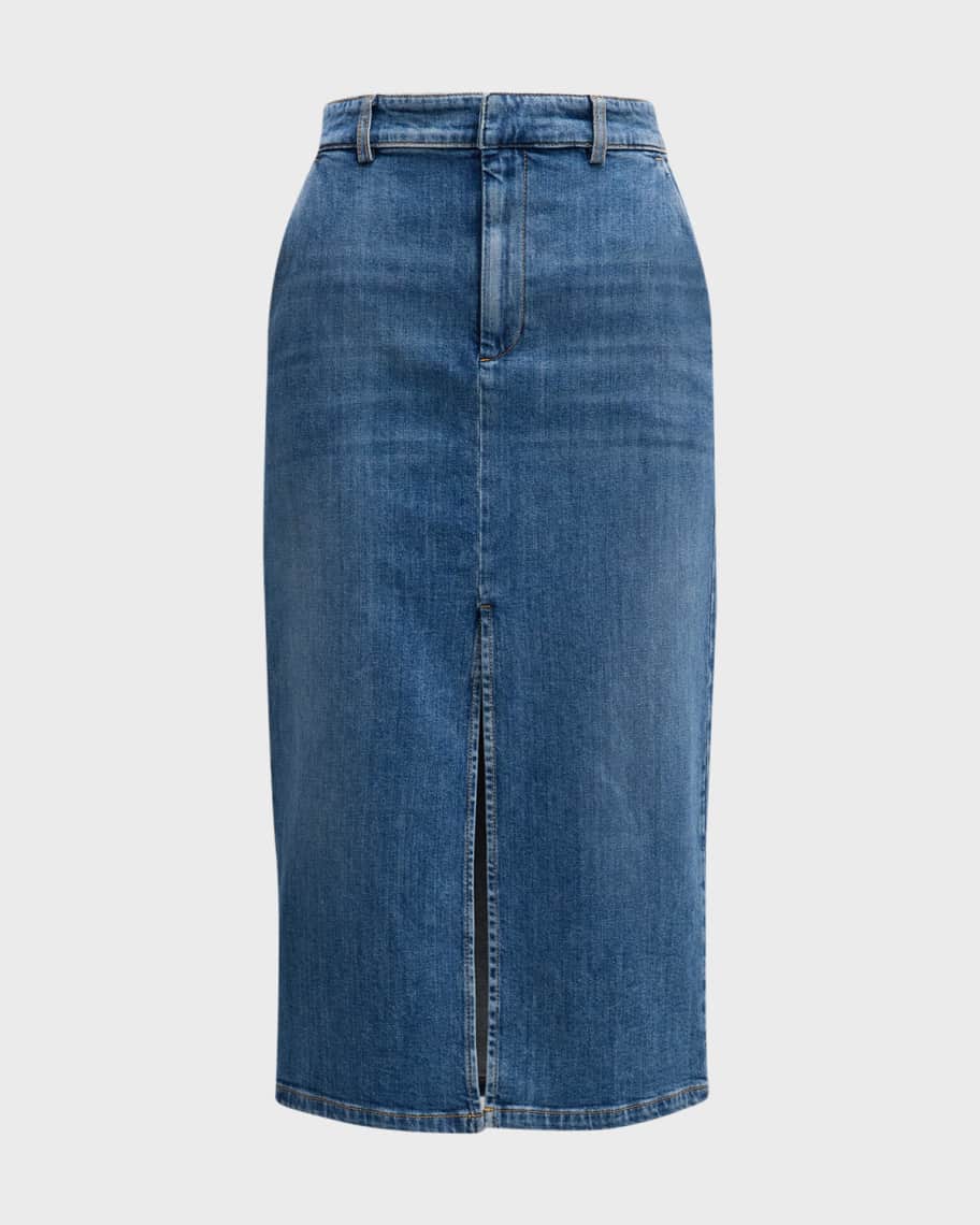 Marella Cast Front-Slit Straight Denim Midi Skirt | Neiman Marcus