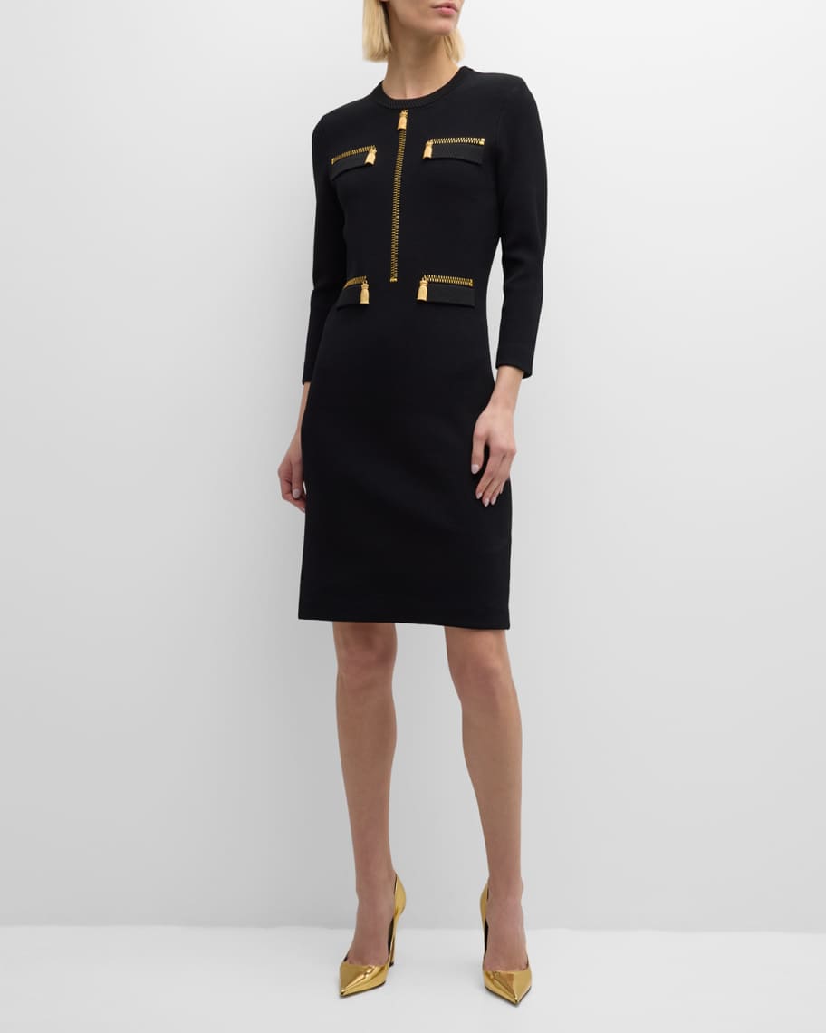 St. John Trompe Loeil Zipper Long-Sleeve Knit Dress | Neiman Marcus
