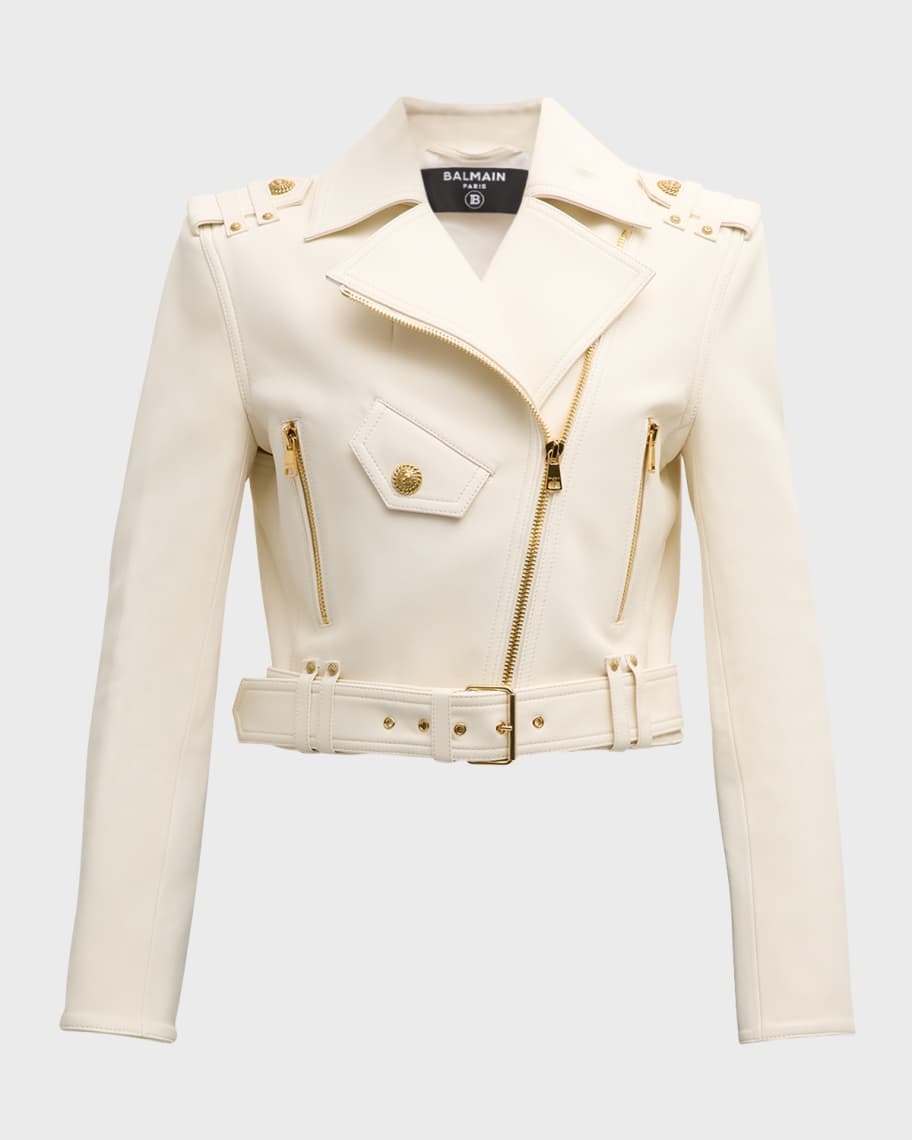Balmain Cropped Leather Moto Jacket with Belt | Neiman Marcus