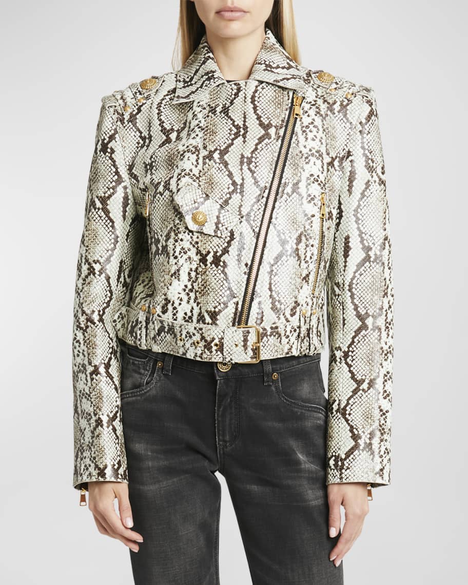 Balmain Cropped Python-Printed Leather Biker Jacket | Neiman Marcus