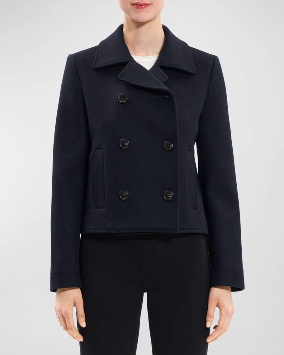 Theory Shrunken Wool Double-Breasted Peacoat | Neiman Marcus