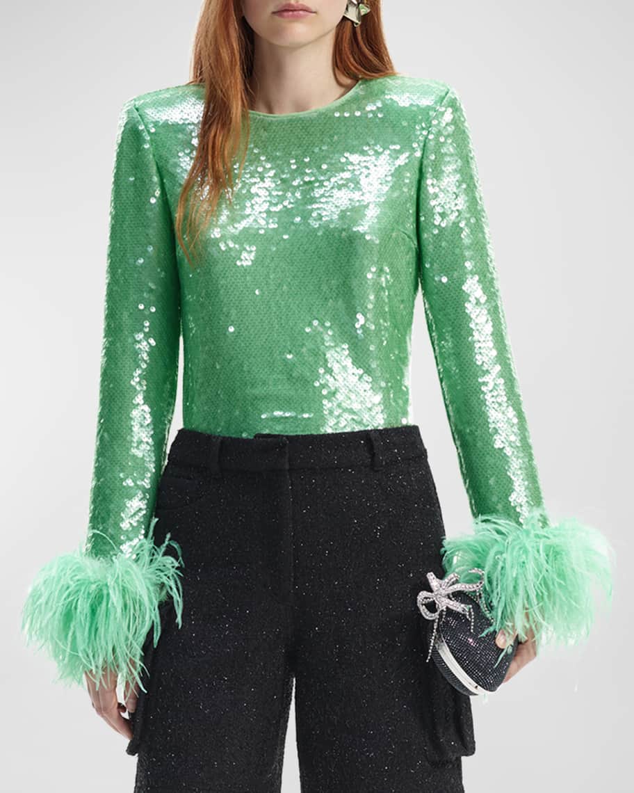 Self-Portrait Sequin Long-Sleeve Feather-Cuff Top | Neiman Marcus