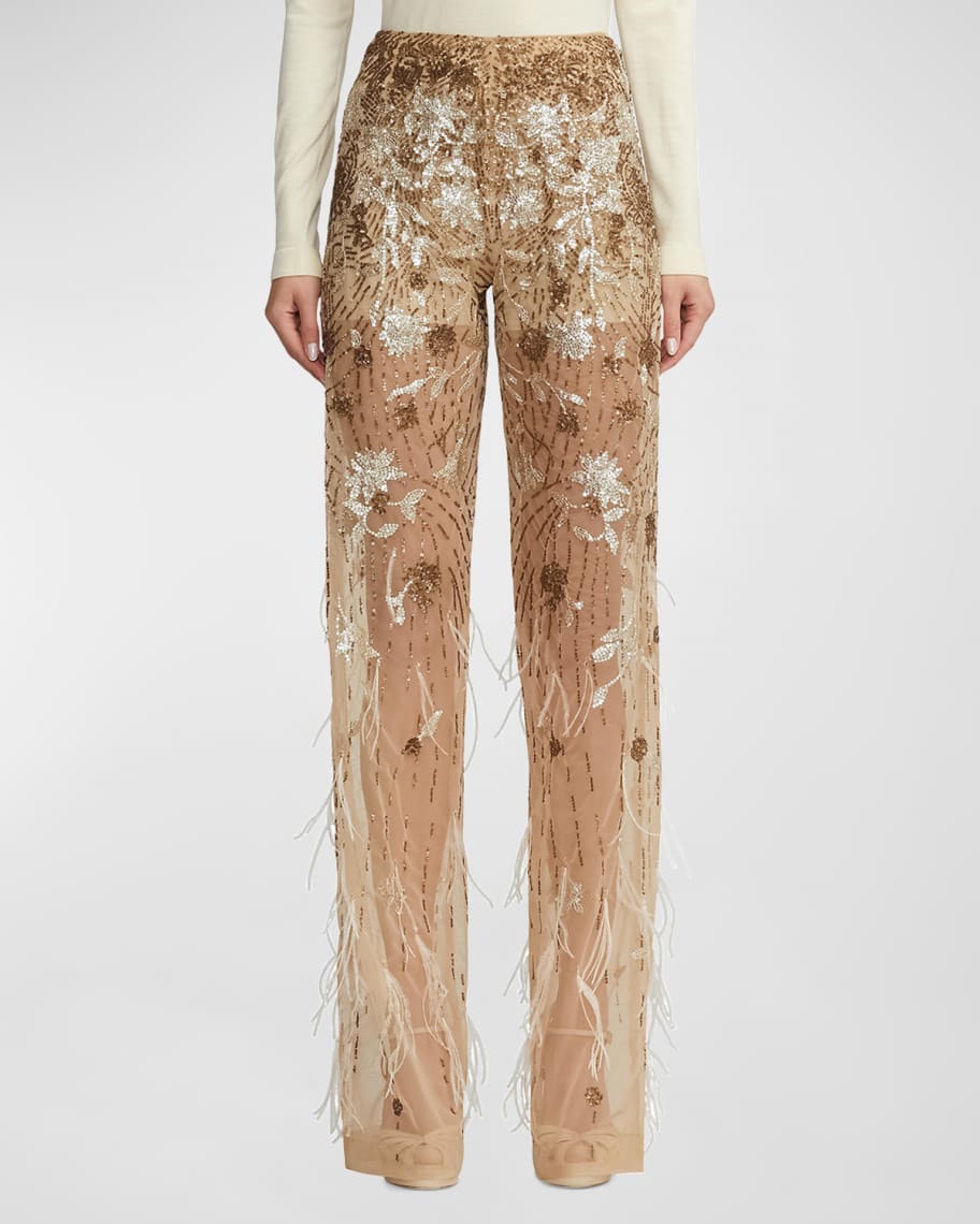 Ralph Lauren Collection High-Rise Feather Embellished Sheer Straight ...
