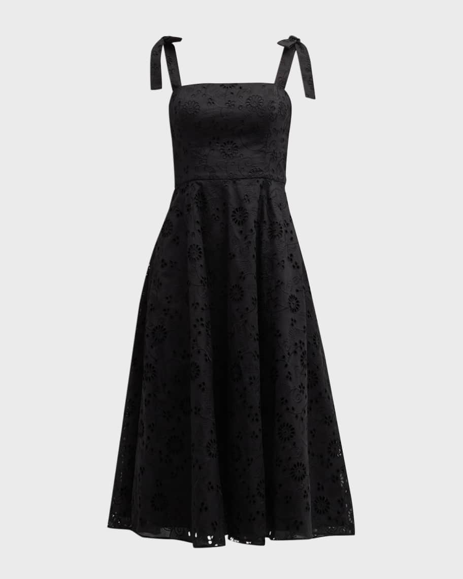 Carolina Herrera Bow-Strap Square-Neck Eyelet Embroidered Midi Dress ...