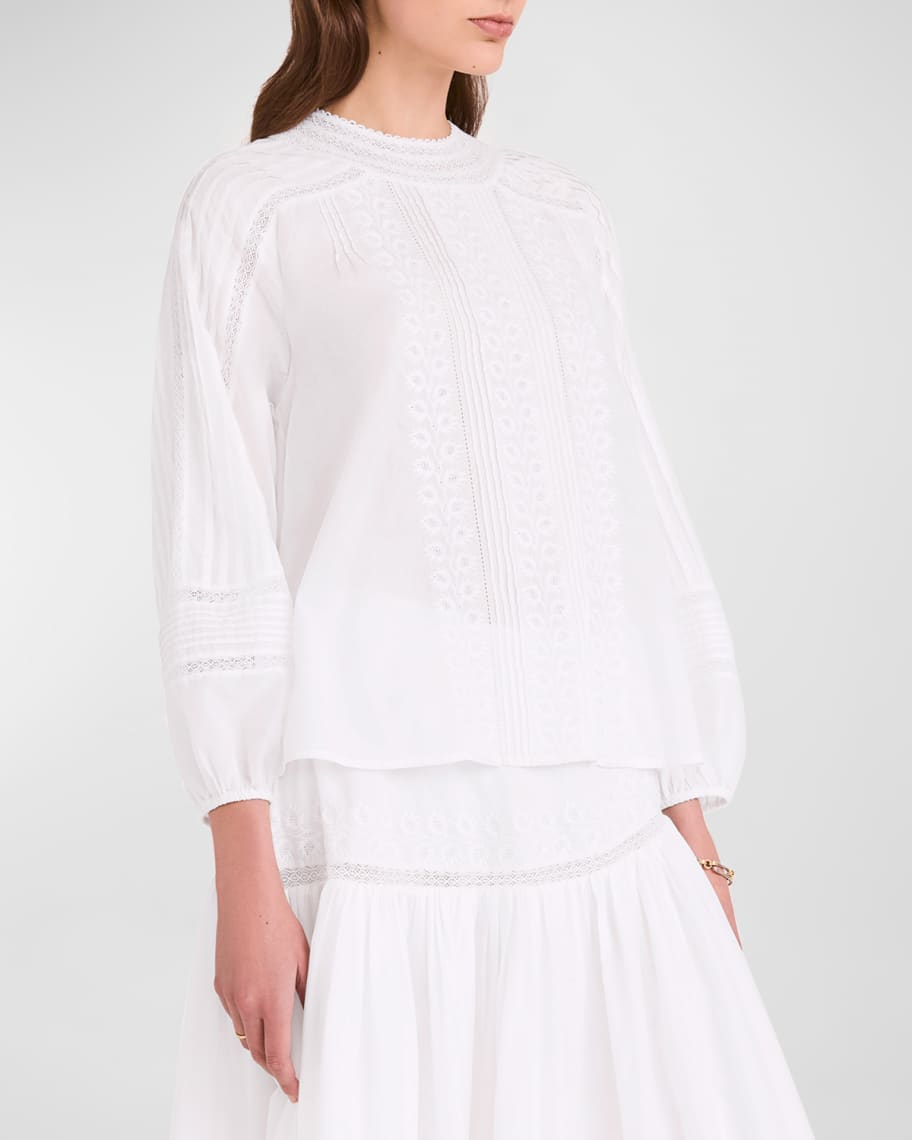 Merlette Leo Embroidered Pintuck Cotton Voile Top | Neiman Marcus