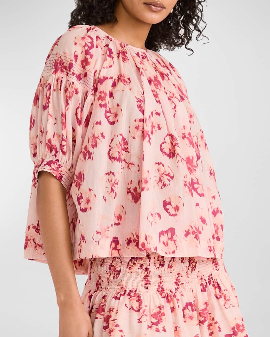 Merlette Zenith Printed Puff-Sleeve Voile Top | Neiman Marcus