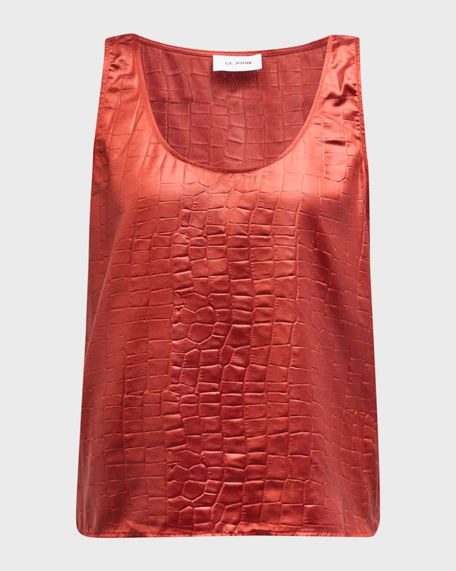 St. John Croc-Embossed Italian Fluid Satin Tank Top | Neiman Marcus