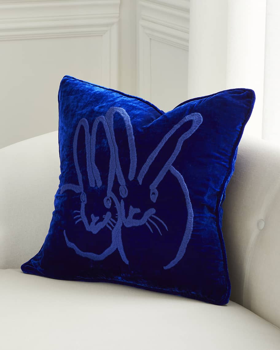 Hunt Slonem Hand-Embroidered Velvet Bunny Pillow, Blue | Neiman Marcus