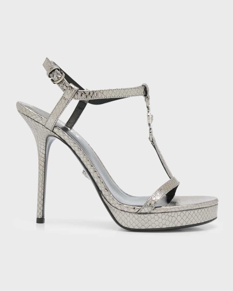 Versace Medusa Metallic T-Strap Platform Sandals | Neiman Marcus