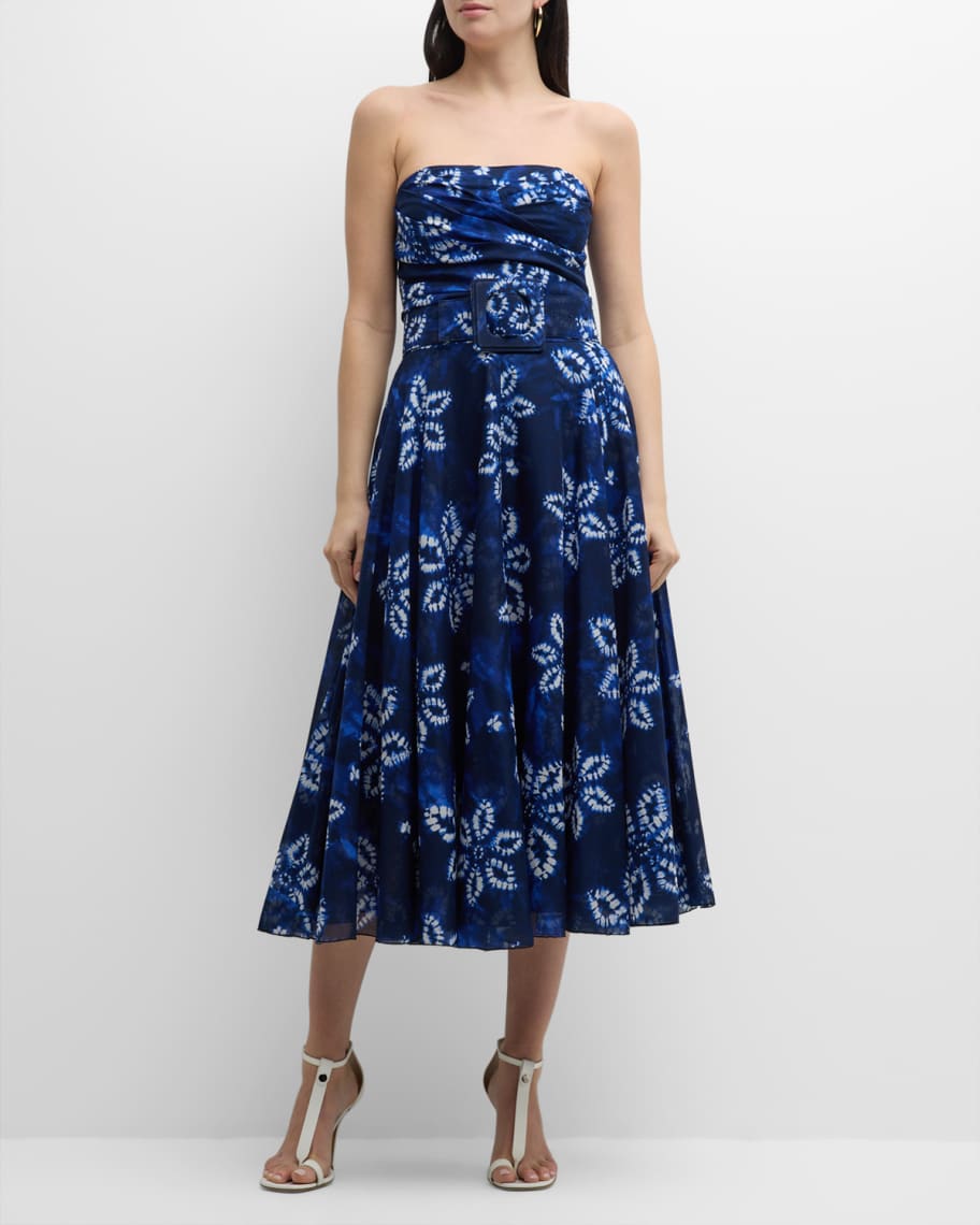 Samantha Sung Carol Strapless Tie-Dye Poplin Midi Dress | Neiman Marcus