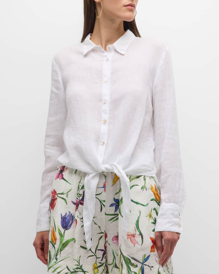 120% Lino Tie-Front Button-Down Linen Shirt | Neiman Marcus