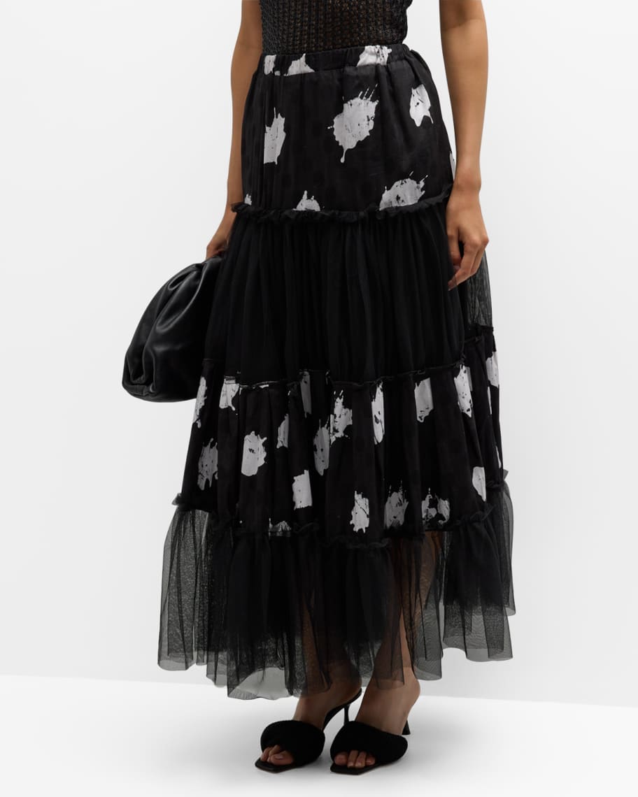 Busayo Ayope Splotched-Print Tiered Tulle Maxi Skirt | Neiman Marcus