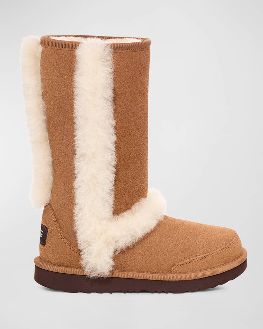 UGG Girl's Sunburst Suede Shearling Tall Boots, Kids | Neiman Marcus