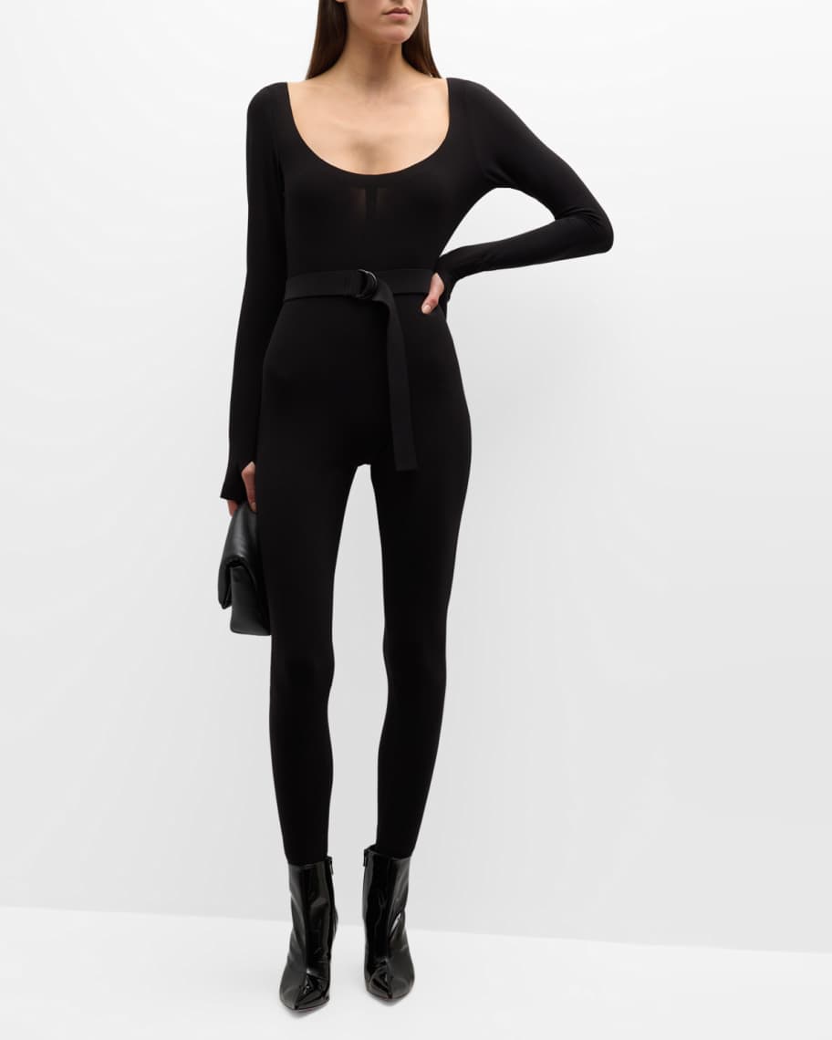 Norma Kamali Scoop-Neck Long-Sleeve Belted Stirrup Catsuit | Neiman Marcus