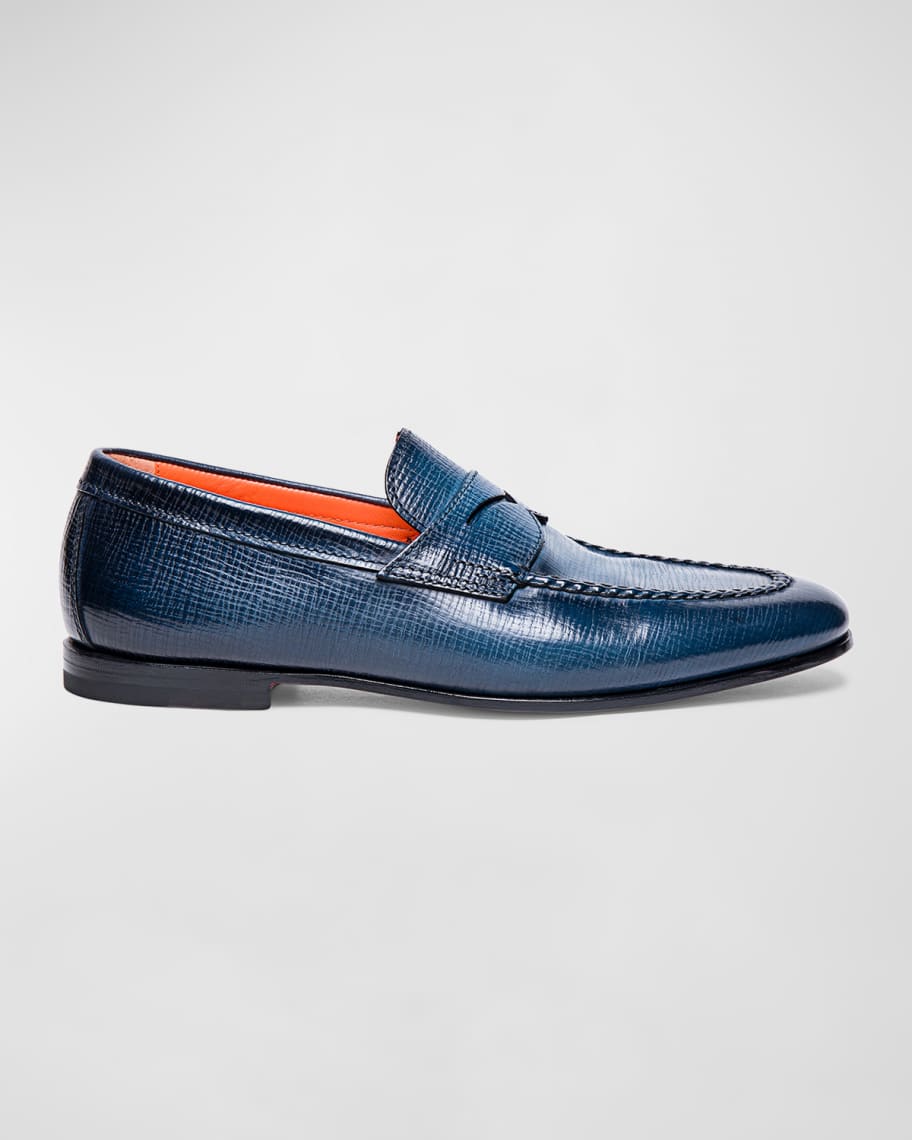 Santoni Men's Door Textured Leather Penny Loafers | Neiman Marcus