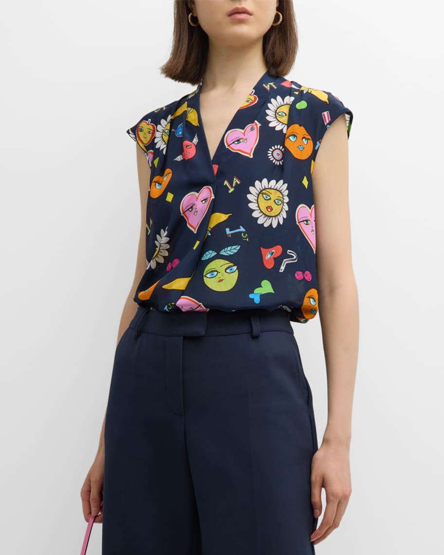 Maison Common Silk Mixed Emoji Printed Blouse | Neiman Marcus