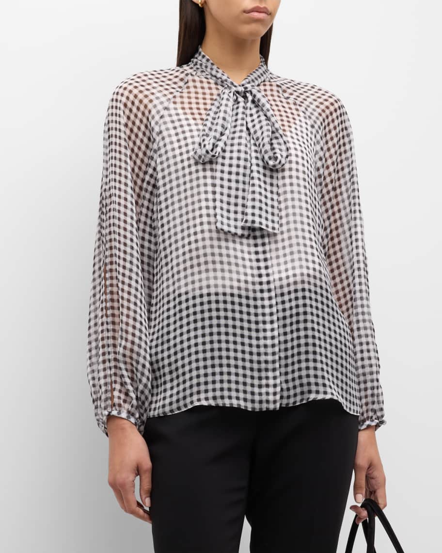 Max Mara Studio Baldi Check-Print Tie-Neck Silk Blouse | Neiman Marcus