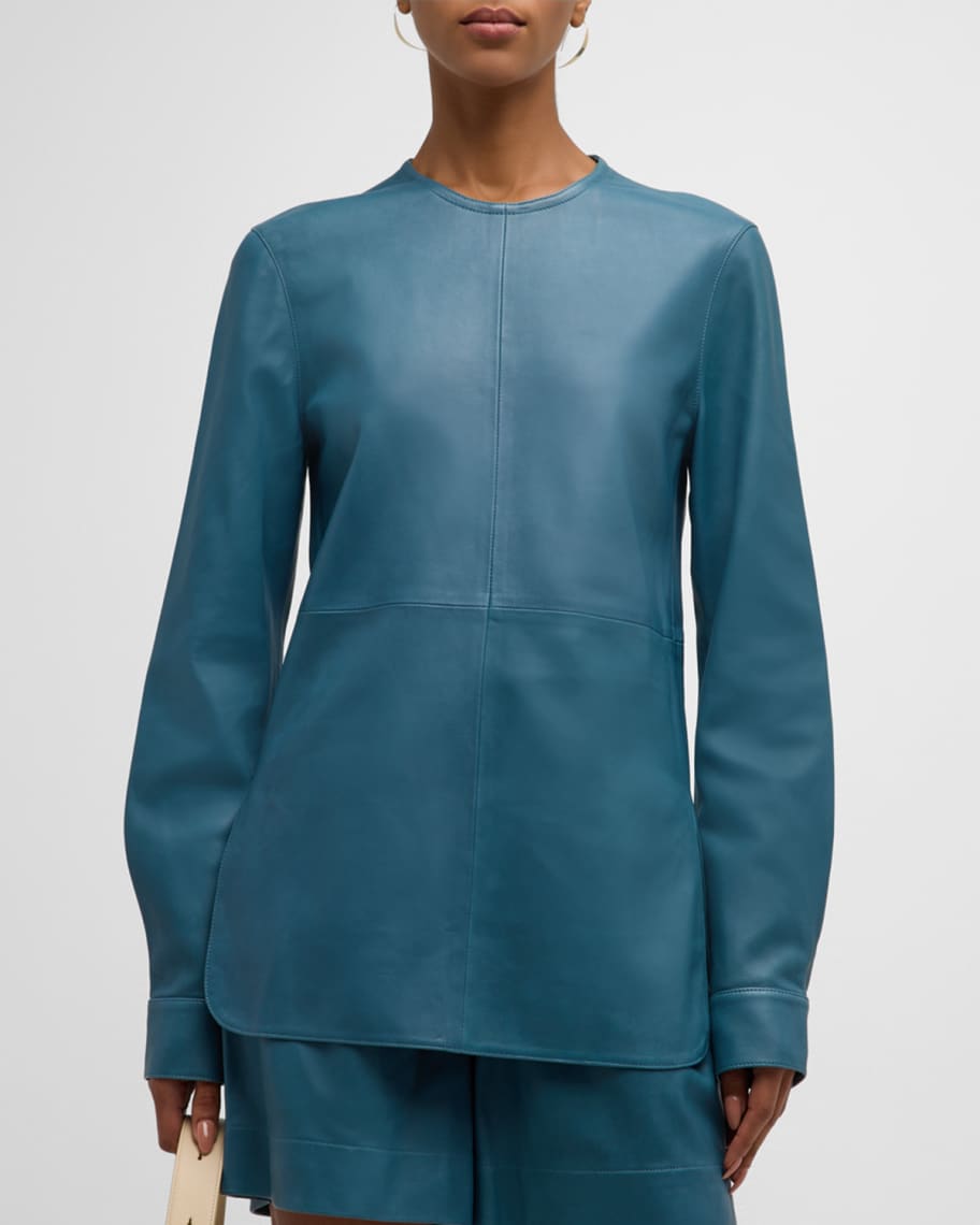 Co Collarless Leather Tunic Shirt | Neiman Marcus