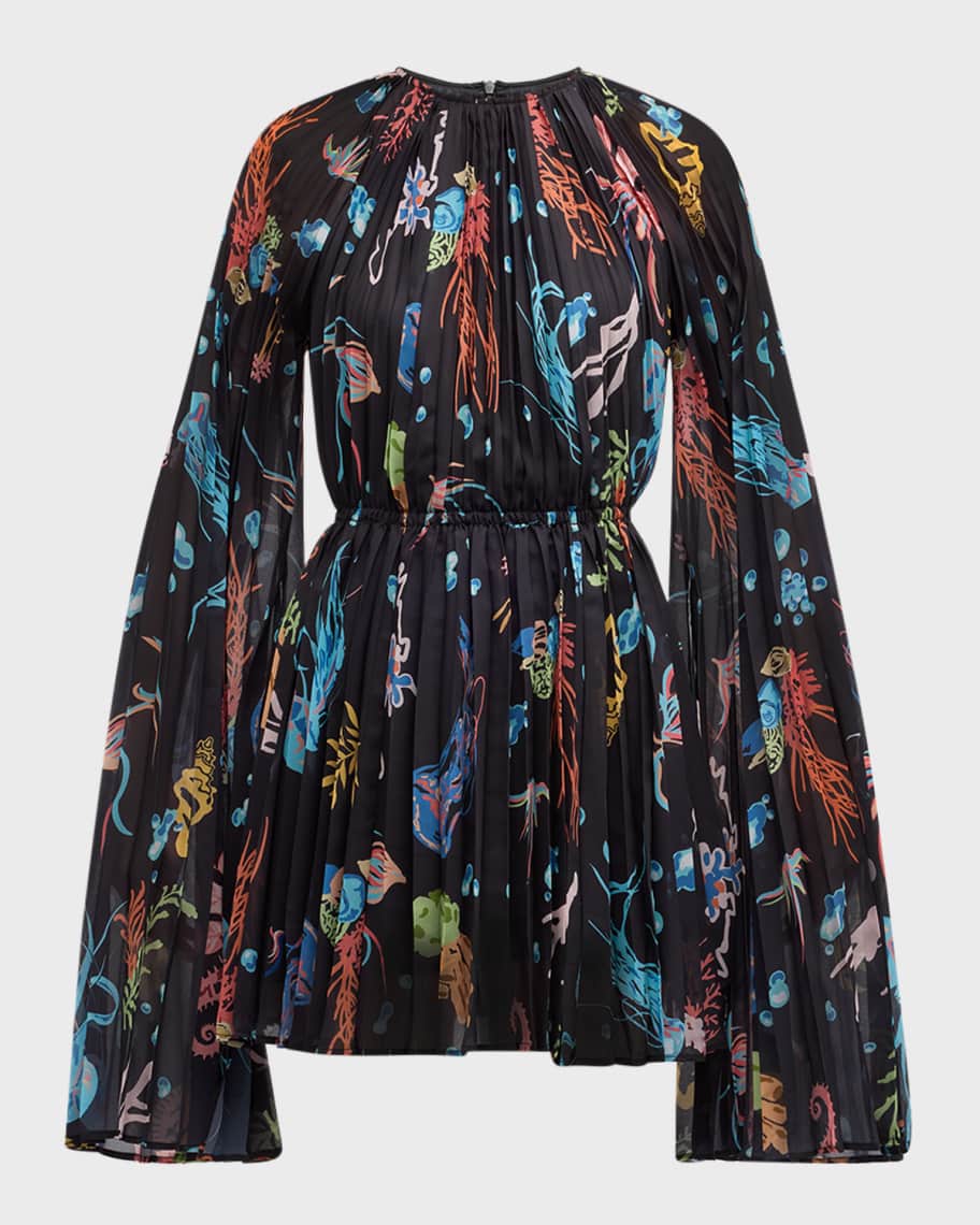 LEO LIN Evelyn Pleated Printed Split-Sleeve Mini Dress | Neiman Marcus