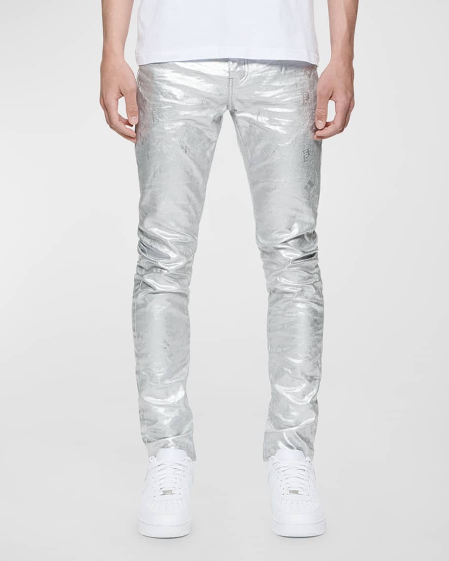 PURPLE Men's P001 Metallic Monogram Skinny Jeans | Neiman Marcus
