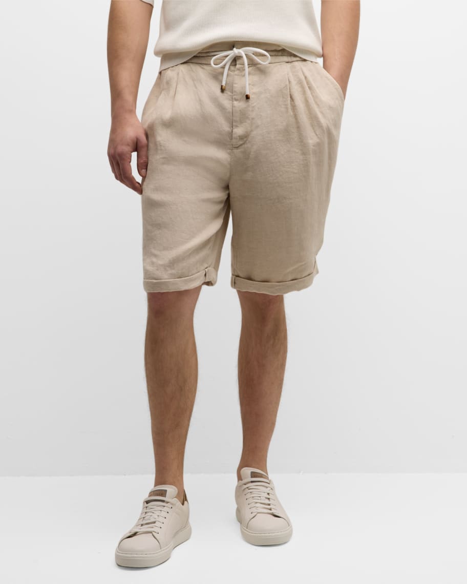 Brunello Cucinelli Men's Linen Double-Pleated Drawstring Shorts ...