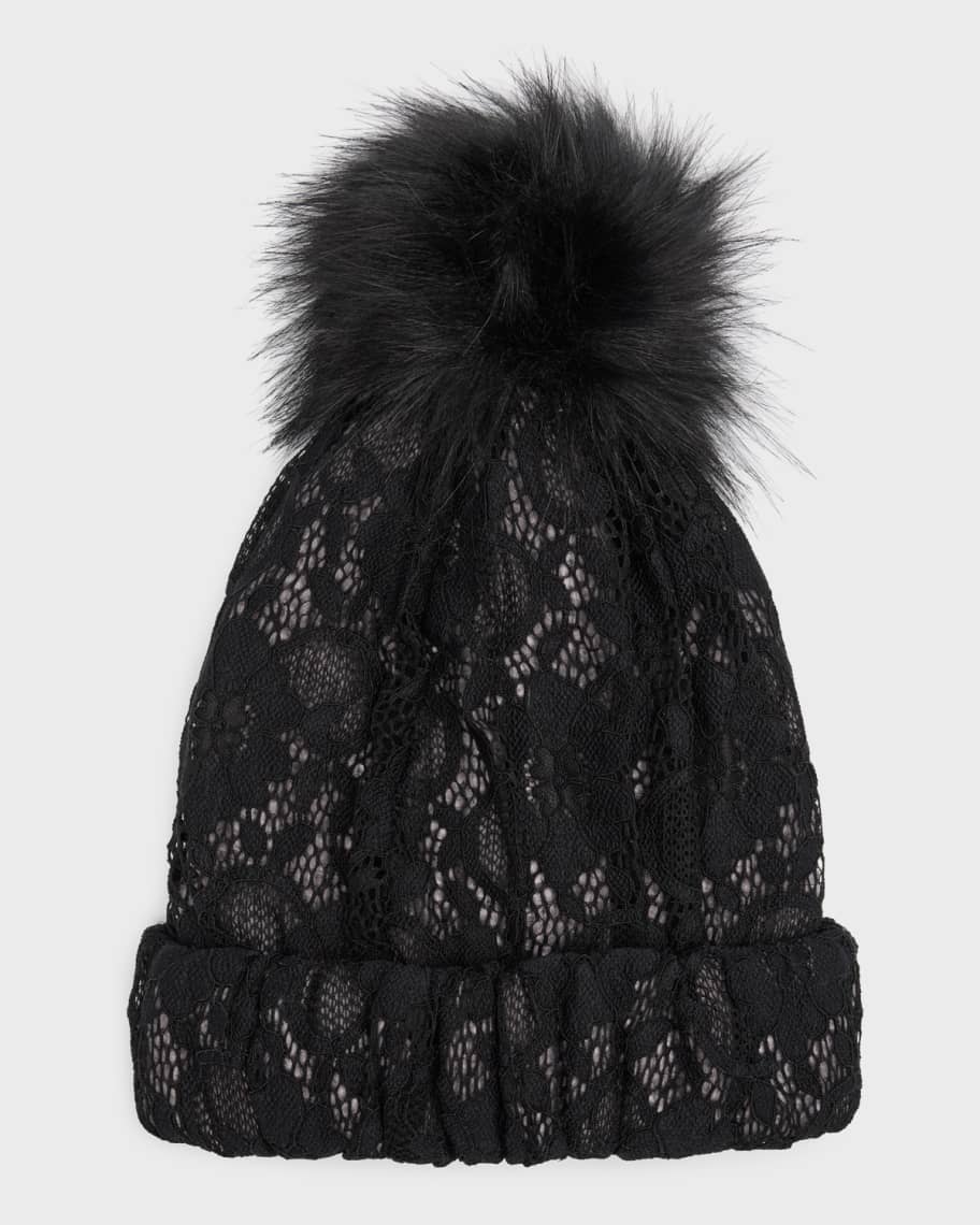 Adrienne Landau Lace Beanie With Faux Fur Pom | Neiman Marcus