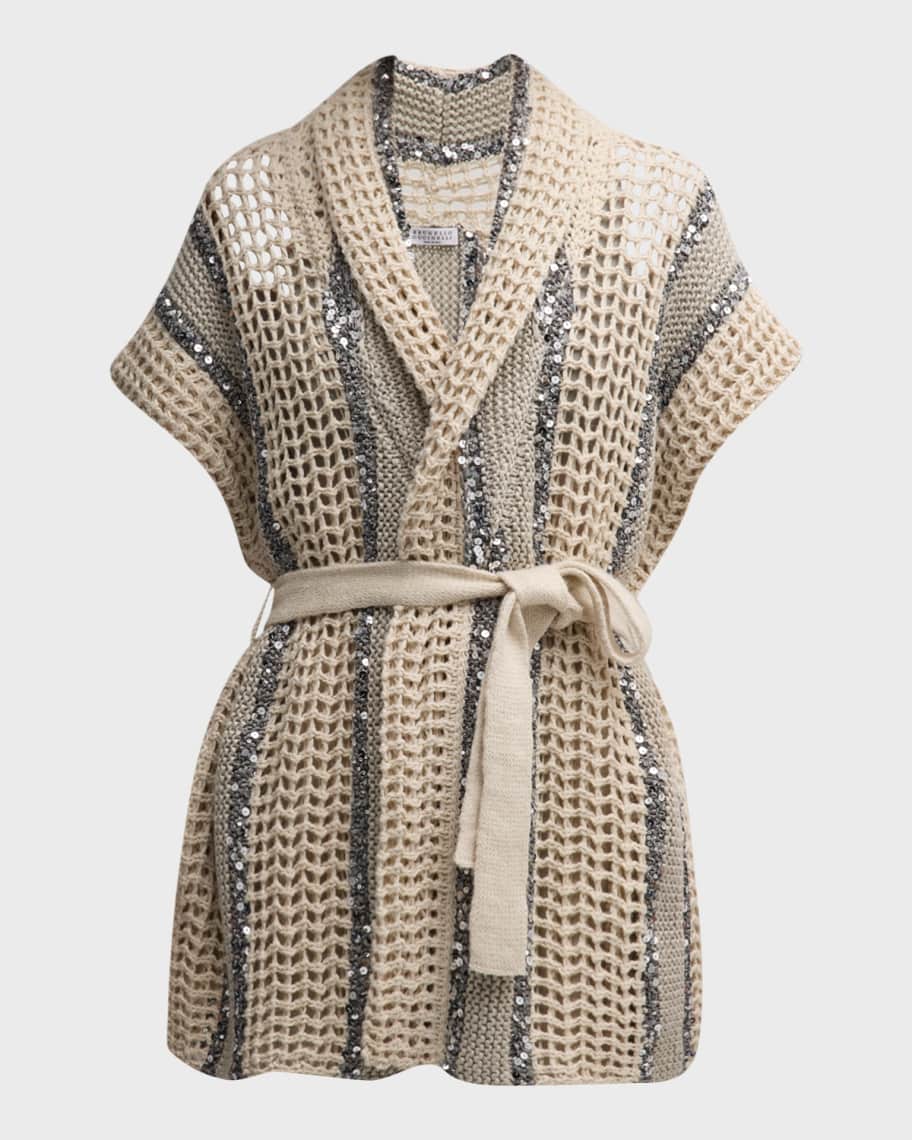 Brunello Cucinelli Open-Knit Long Net Cardigan with Paillette Detail ...