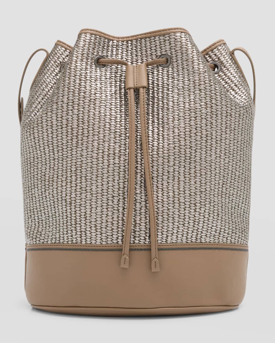 Brunello Cucinelli Drawstring Metallic Raffia Bucket Bag | Neiman Marcus