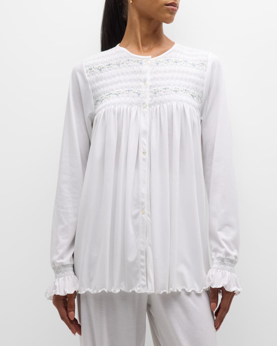 P Jamas Francisca Smocked Floral-Embroidered Pajama Set | Neiman Marcus
