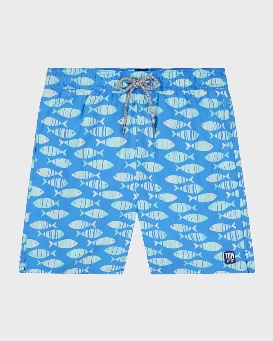 Tom & Teddy Men's Fish-Print Swim Shorts | Neiman Marcus