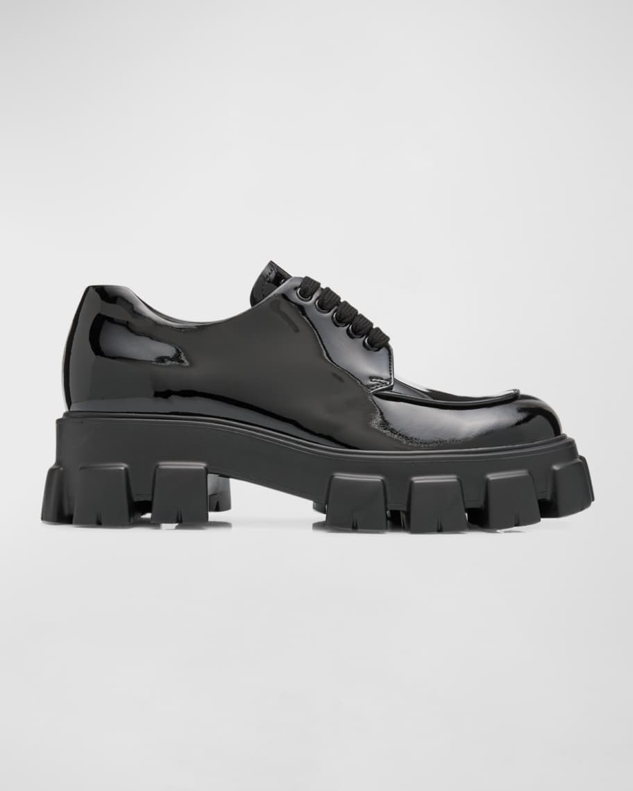 Prada Men's Monolith Patent Lug-Sole Derby Shoes | Neiman Marcus