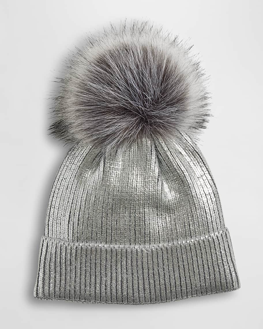 Fabulous Furs Metallic Ribbed Beanie with Faux Fur Pom | Neiman Marcus