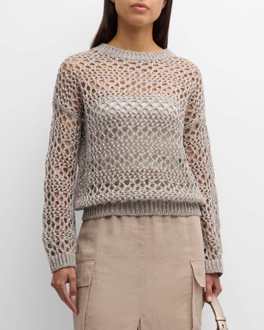 Brunello Cucinelli Paillette Open Weave Sweater with Tube Top | Neiman Marcus