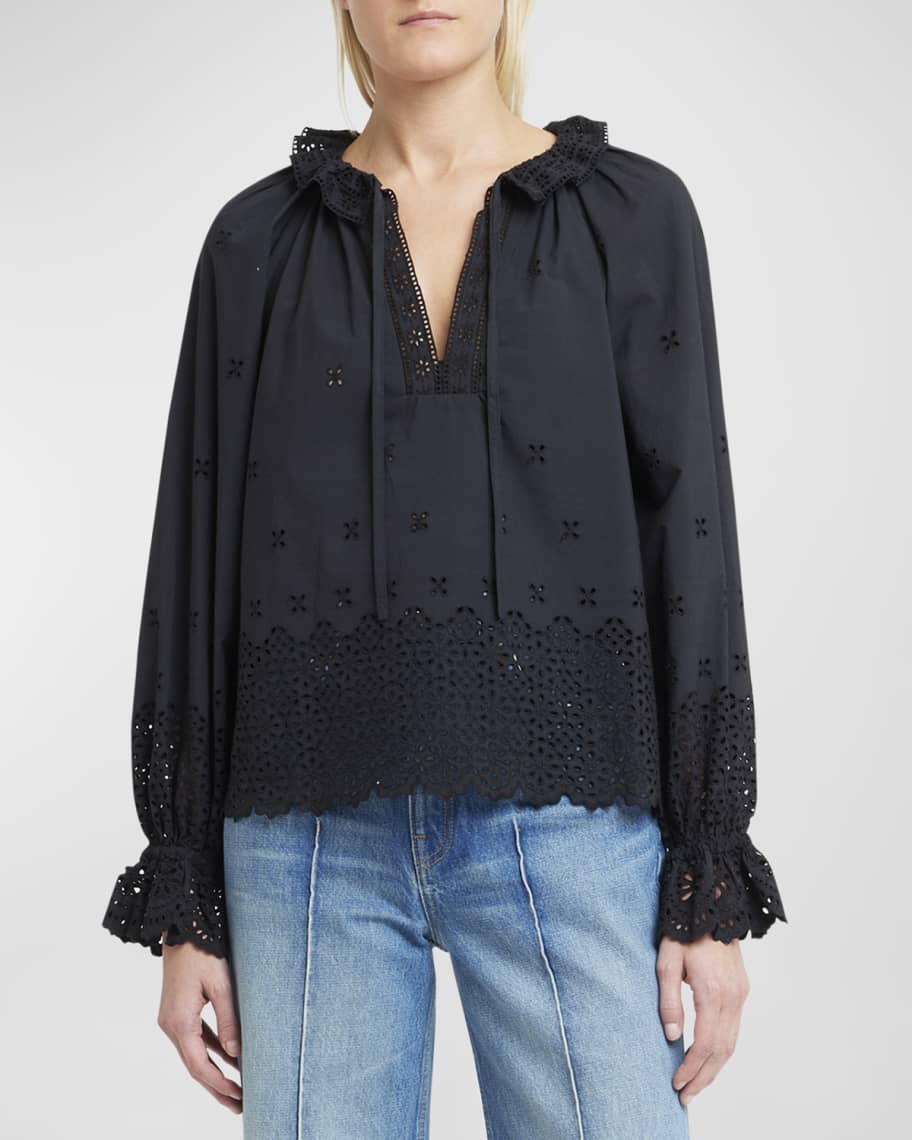 Ulla Johnson Alora Broderie Anglaise Split-Neck Cotton Blouse | Neiman ...