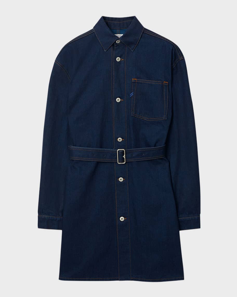 Burberry Rose-Print Cuff Belted Denim Shirtdress | Neiman Marcus