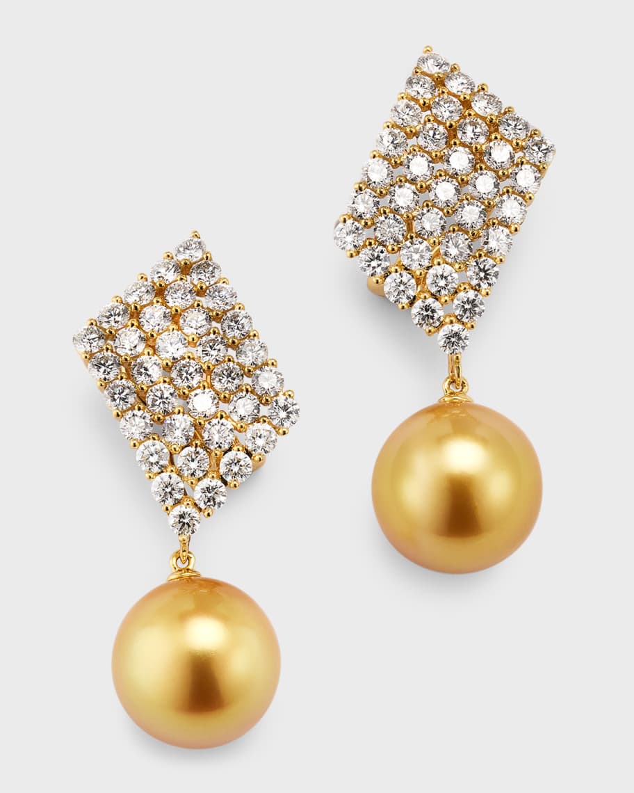 Pearls By Shari 13mm Golden South Sea Pearl and Diamond Earrings ...