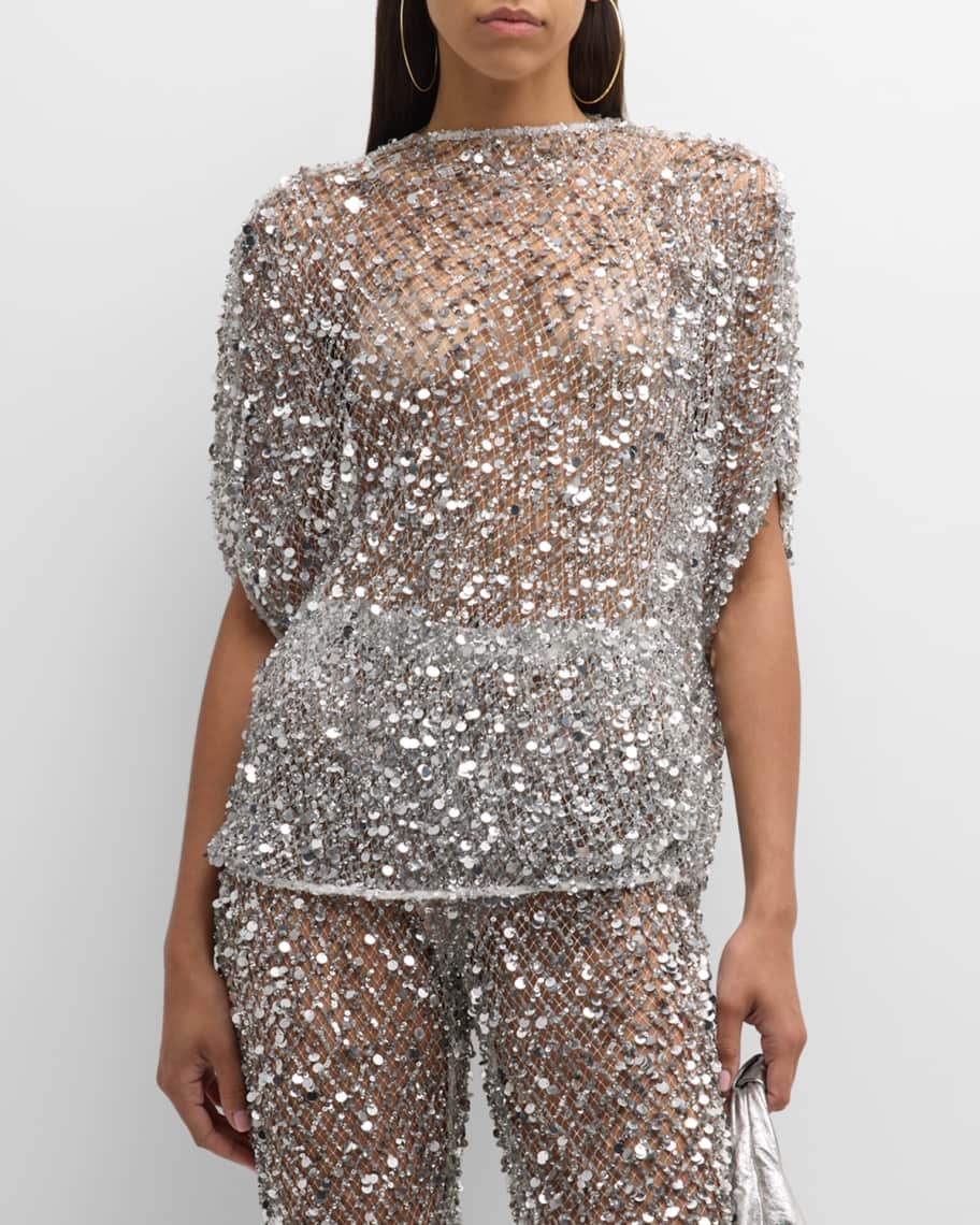 LAPOINTE Sequined Net Mesh Cape T-Shirt | Neiman Marcus