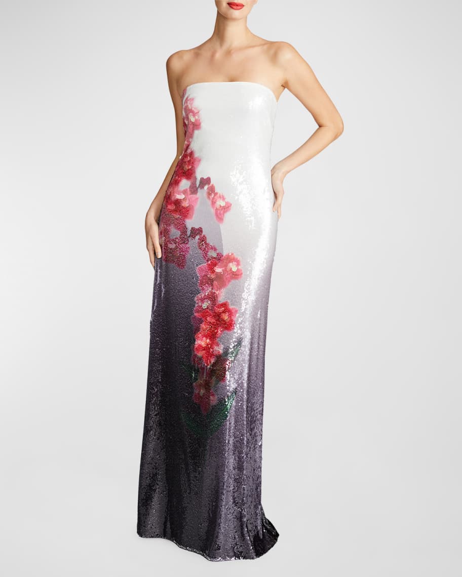 Halston Spencer Strapless Floral-Print Sequin Gown | Neiman Marcus