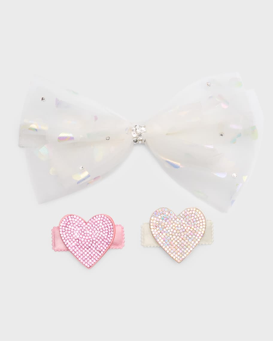 Bari Lynn Girl's 3-Piece Multi-Layer Embellished Bow and Heart Clips ...