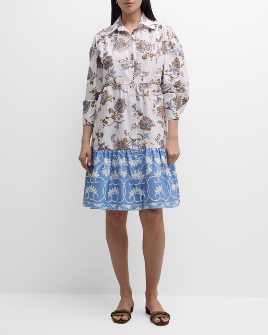 Eleventy Floral-Print Blouson-Sleeve Midi Shirtdress | Neiman Marcus