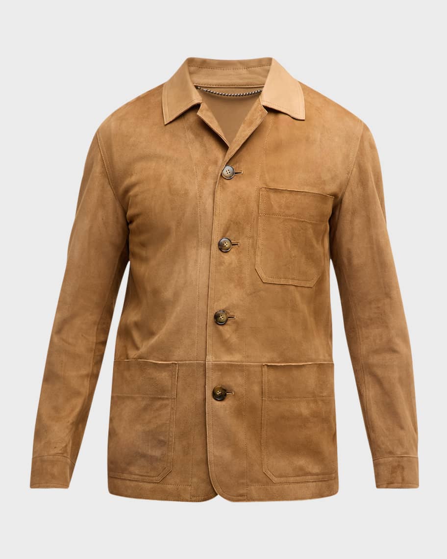Canali Men's Suede Leather-Collar Chore Jacket | Neiman Marcus