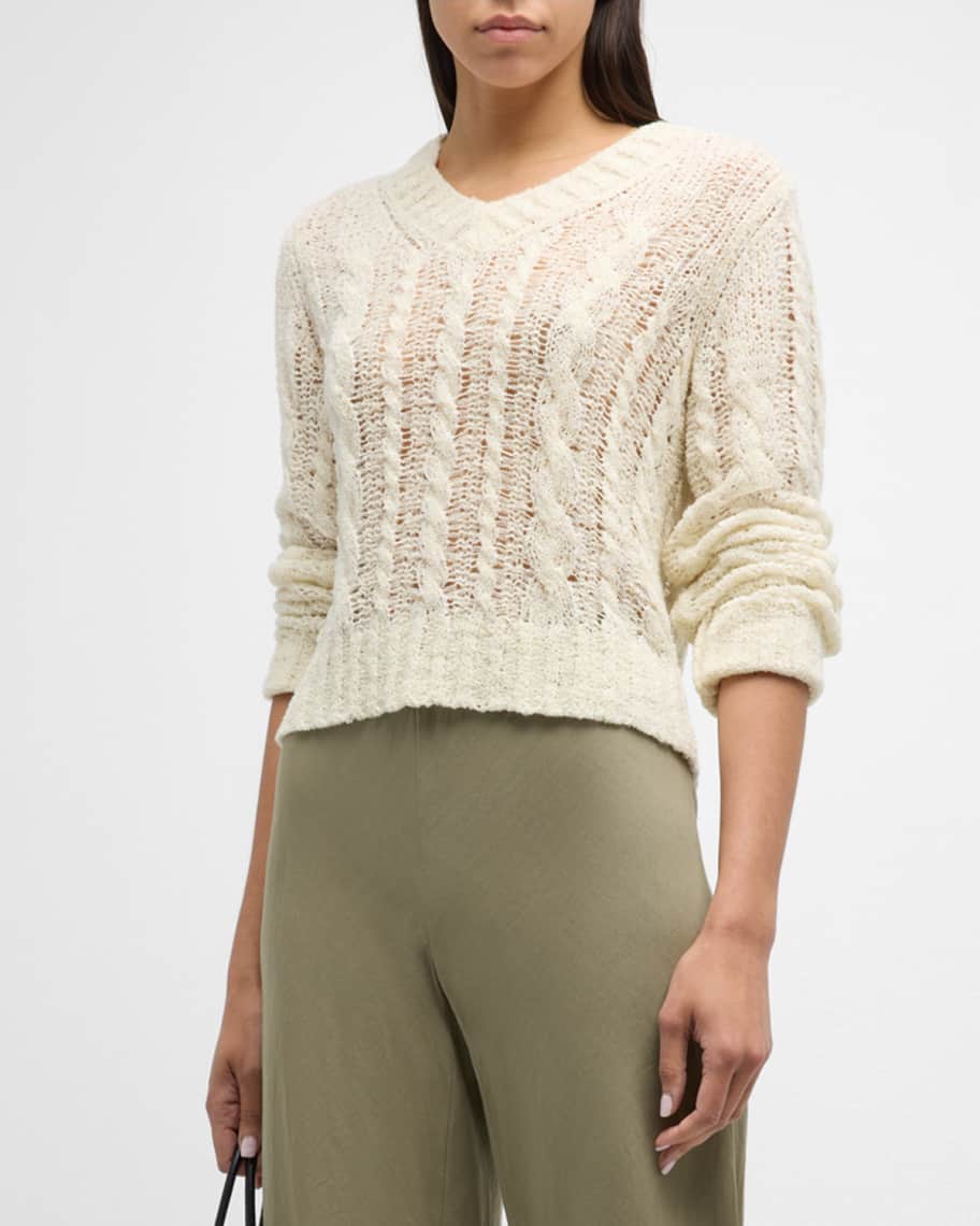 Vince Textured Wool-Blend Cable-Knit V-Neck Sweater | Neiman Marcus