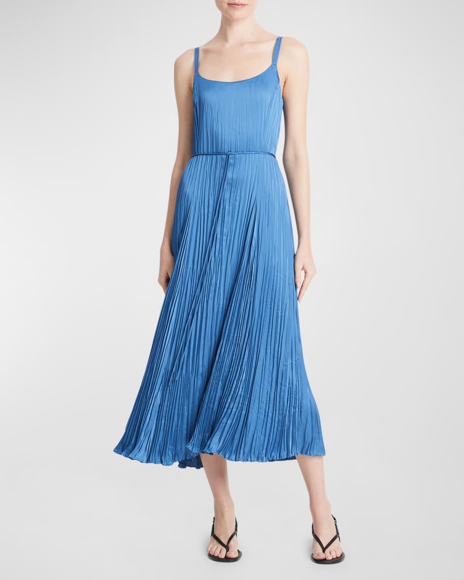 Vince Pleated Crushed Satin Midi Slip Dress | Neiman Marcus